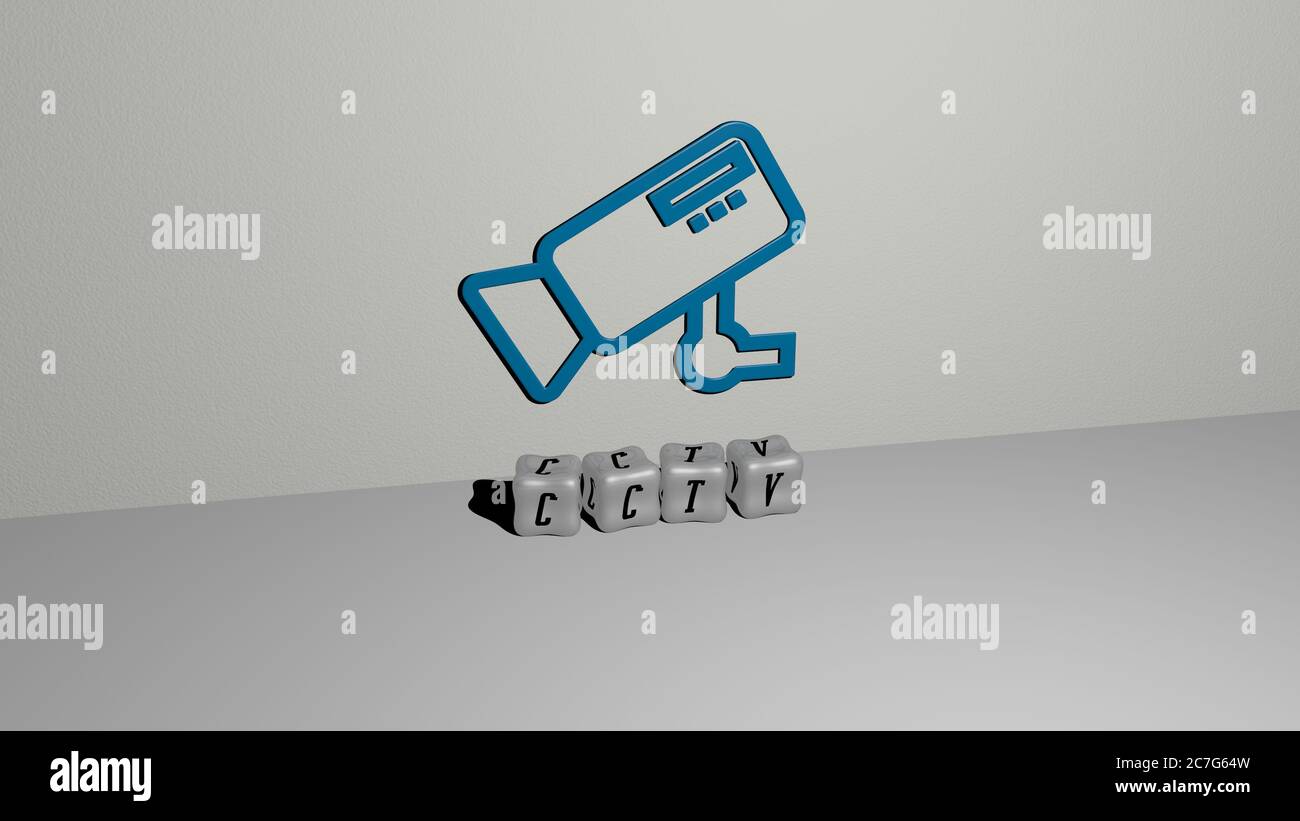 3D representation of cctv with icon on the wall and text arranged by ...