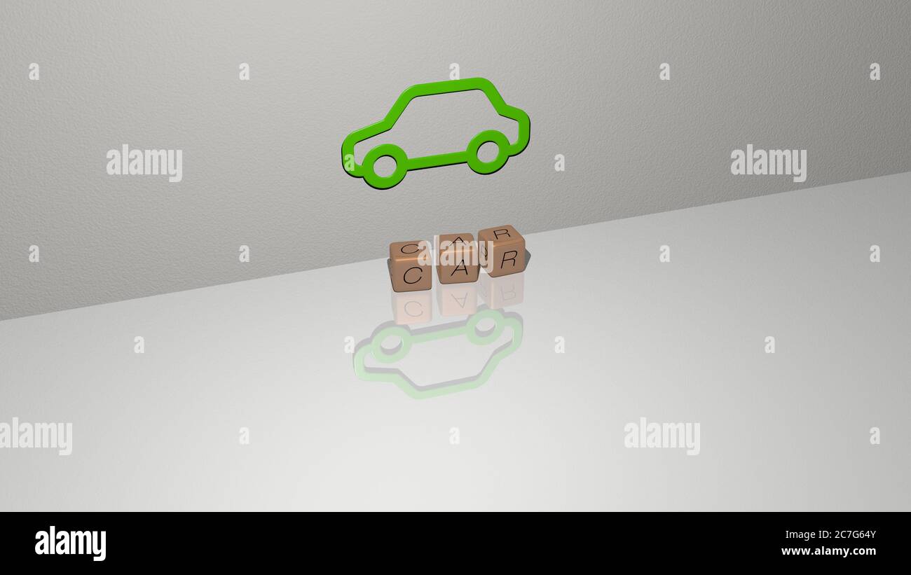 3D illustration of car graphics and text made by metallic dice letters ...