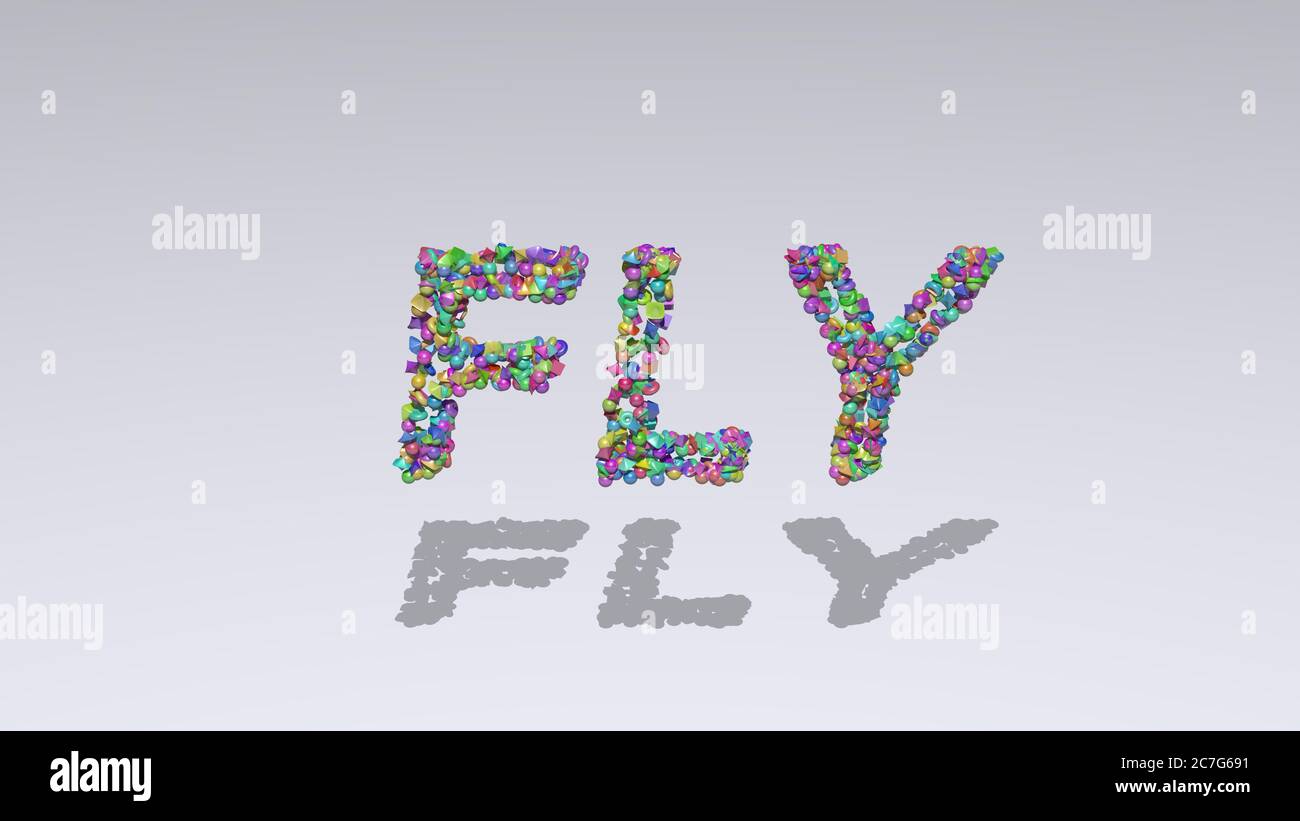 Colorful 3D writting of FLY text with small objects over a white ...