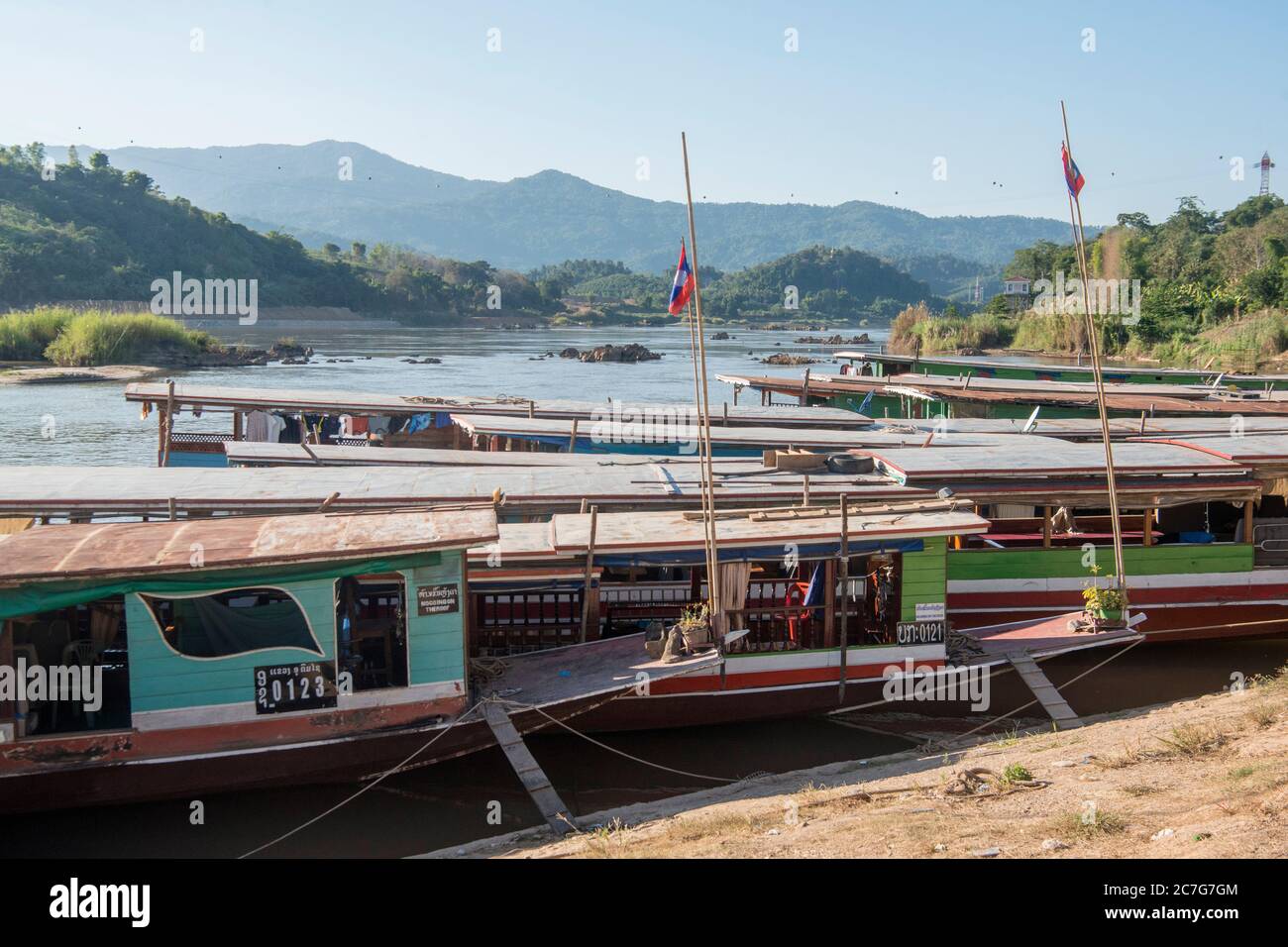 the Boat pier at the Village of Huay Xay in Lao at the Mekong River ...