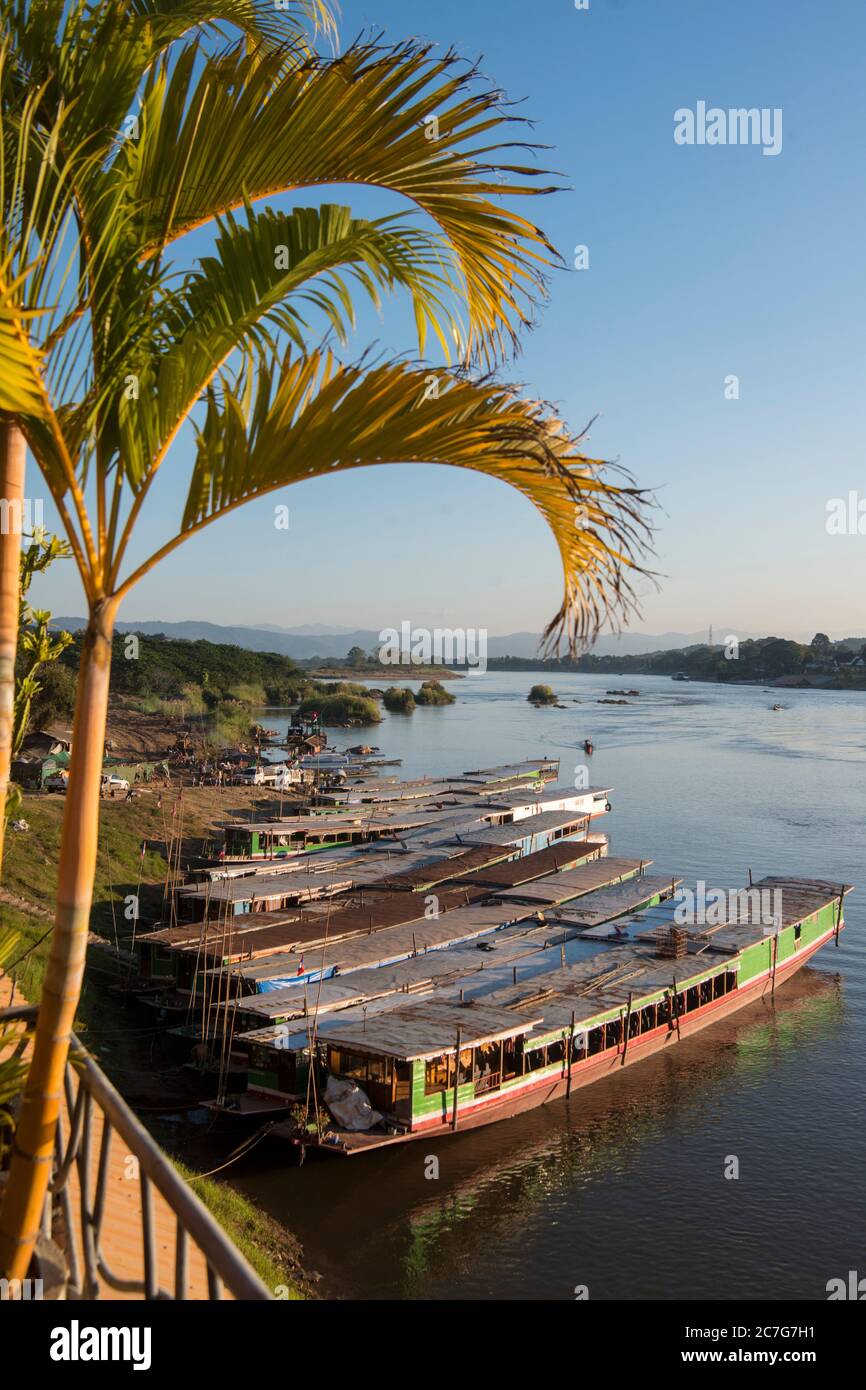 the Boat pier at the Village of Huay Xay in Lao at the Mekong River ...