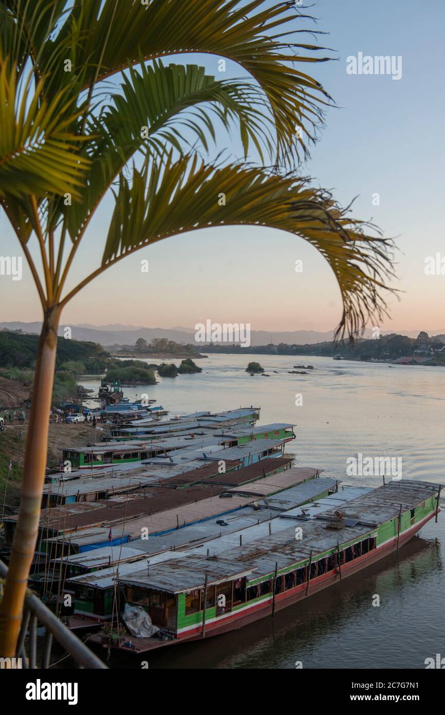 the Boat pier at the Village of Huay Xay in Lao at the Mekong River ...