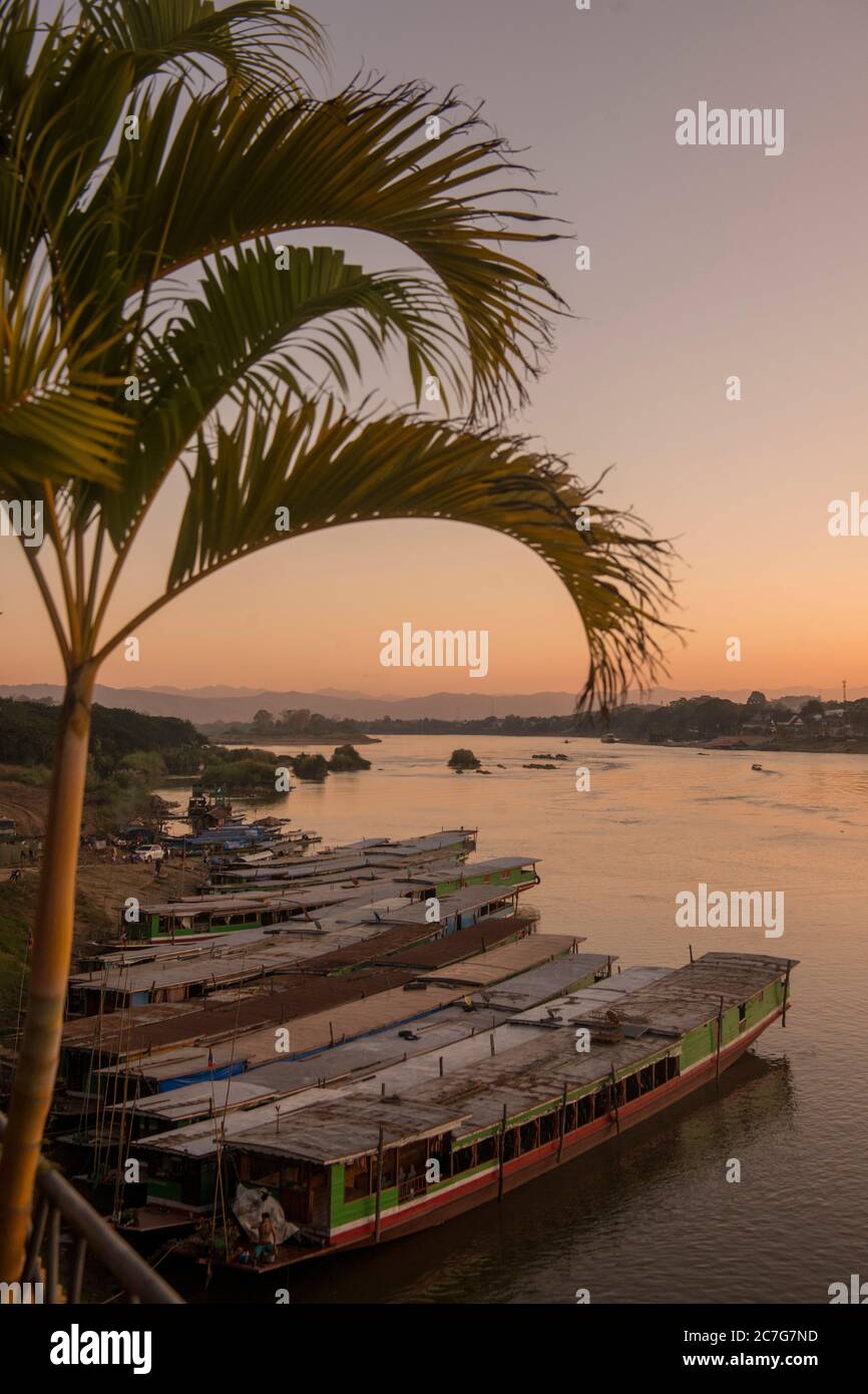 the Boat pier at the Village of Huay Xay in Lao at the Mekong River ...
