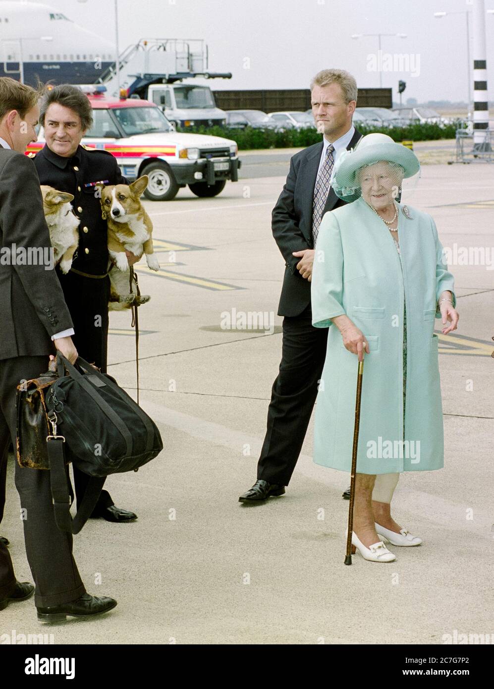 HM Queen Elizabeth The Queen Mother leaving Heathrow Airport with her ...