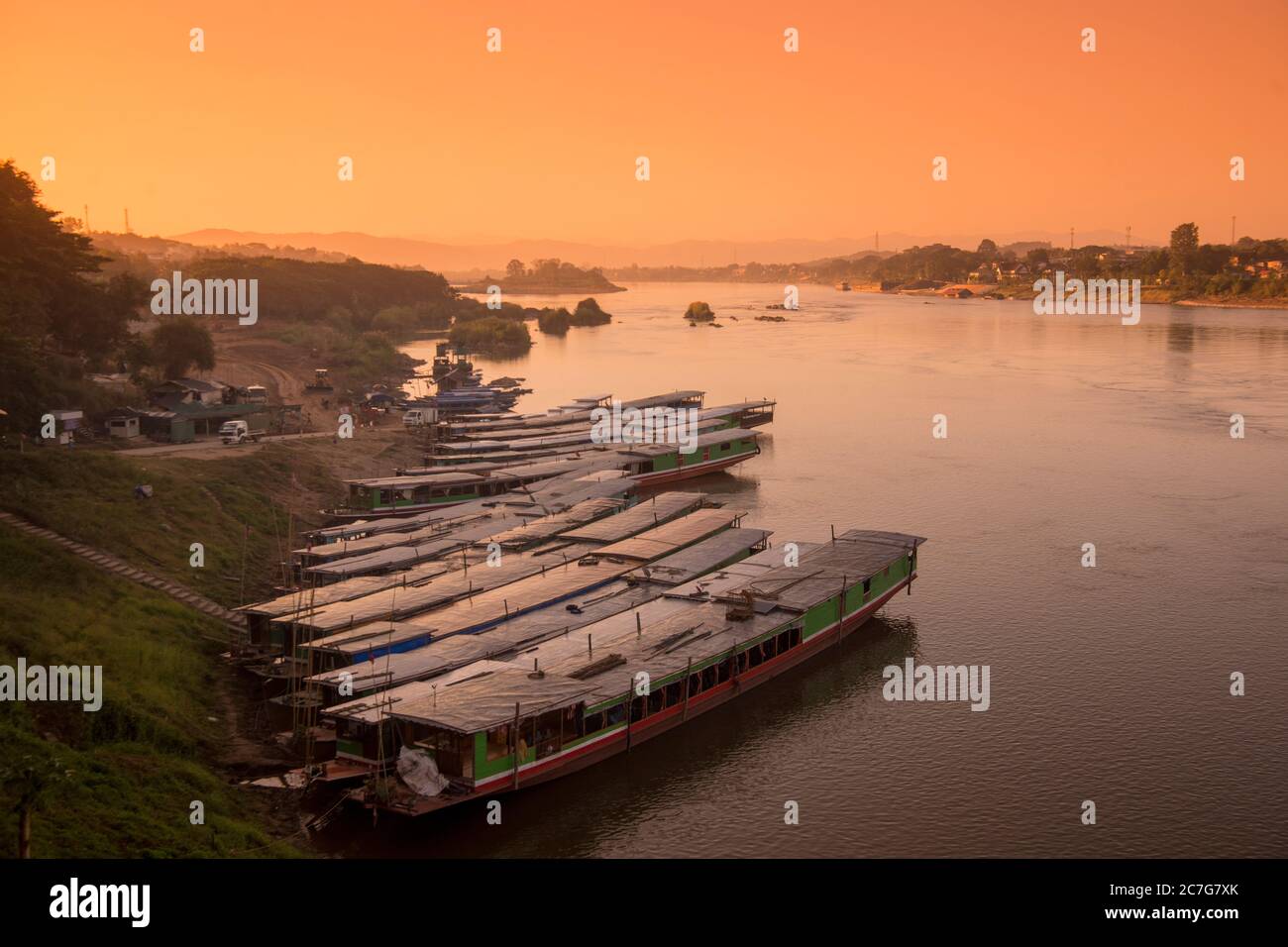 the Boat pier at the Village of Huay Xai in Lao at the Mekong River ...