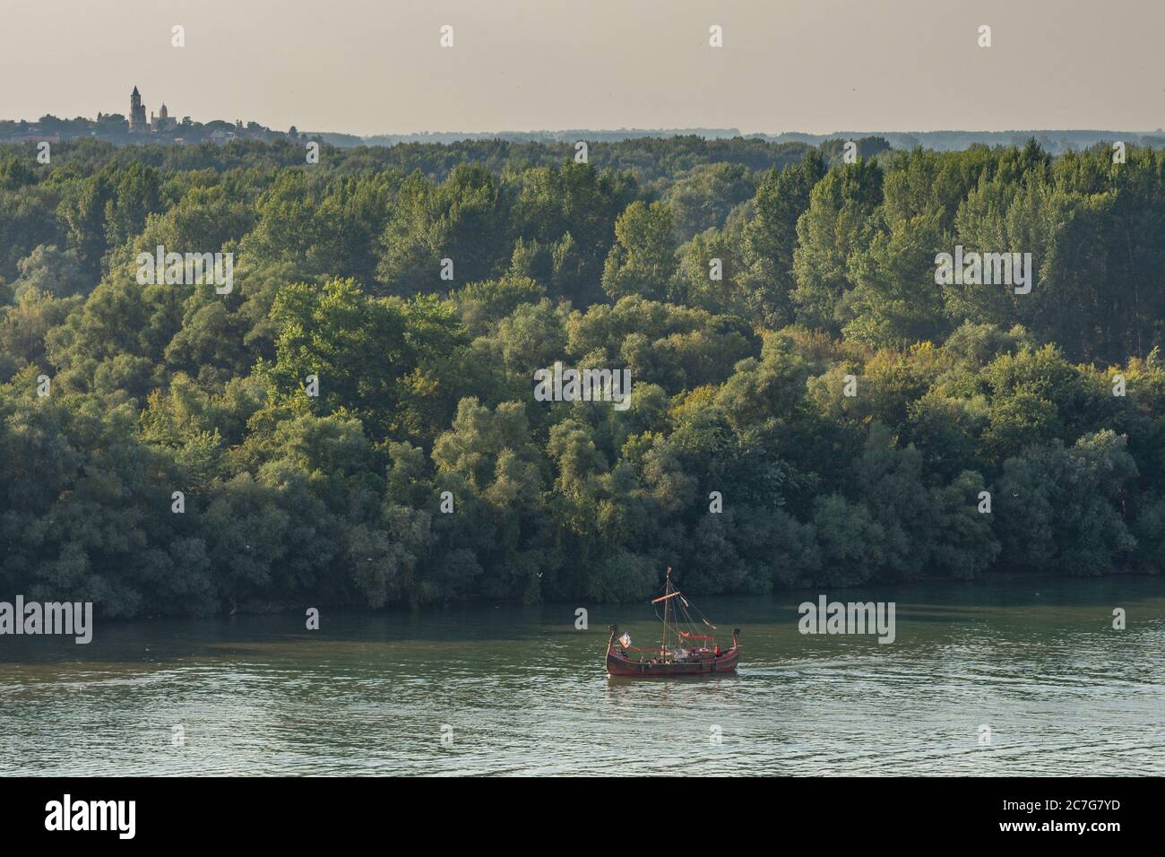 Replica of a Viking ship sailing on the Danube river in Belgrade ...