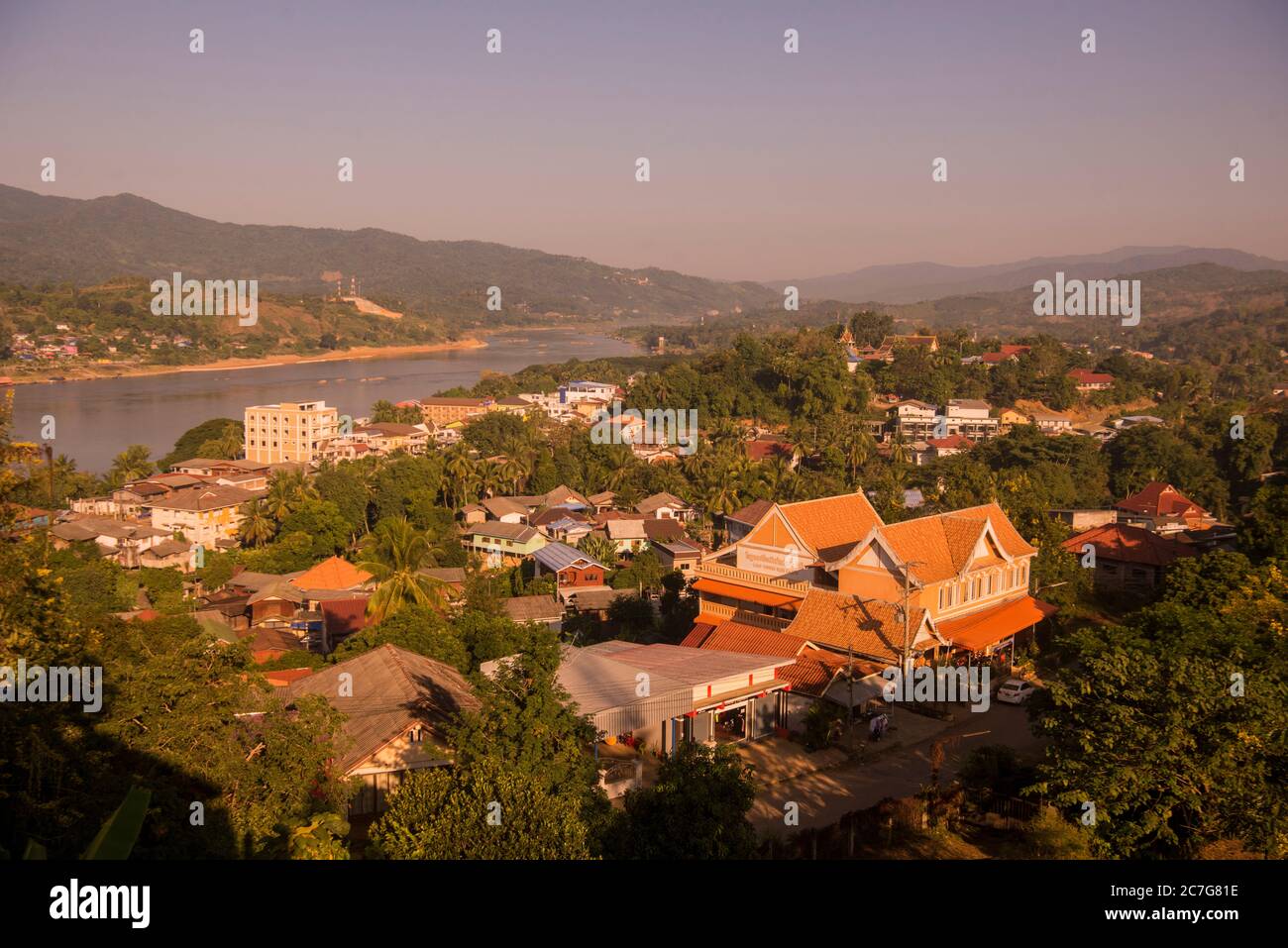 the view of the Mekong River an the border to Chiang Khong in Thailand ...
