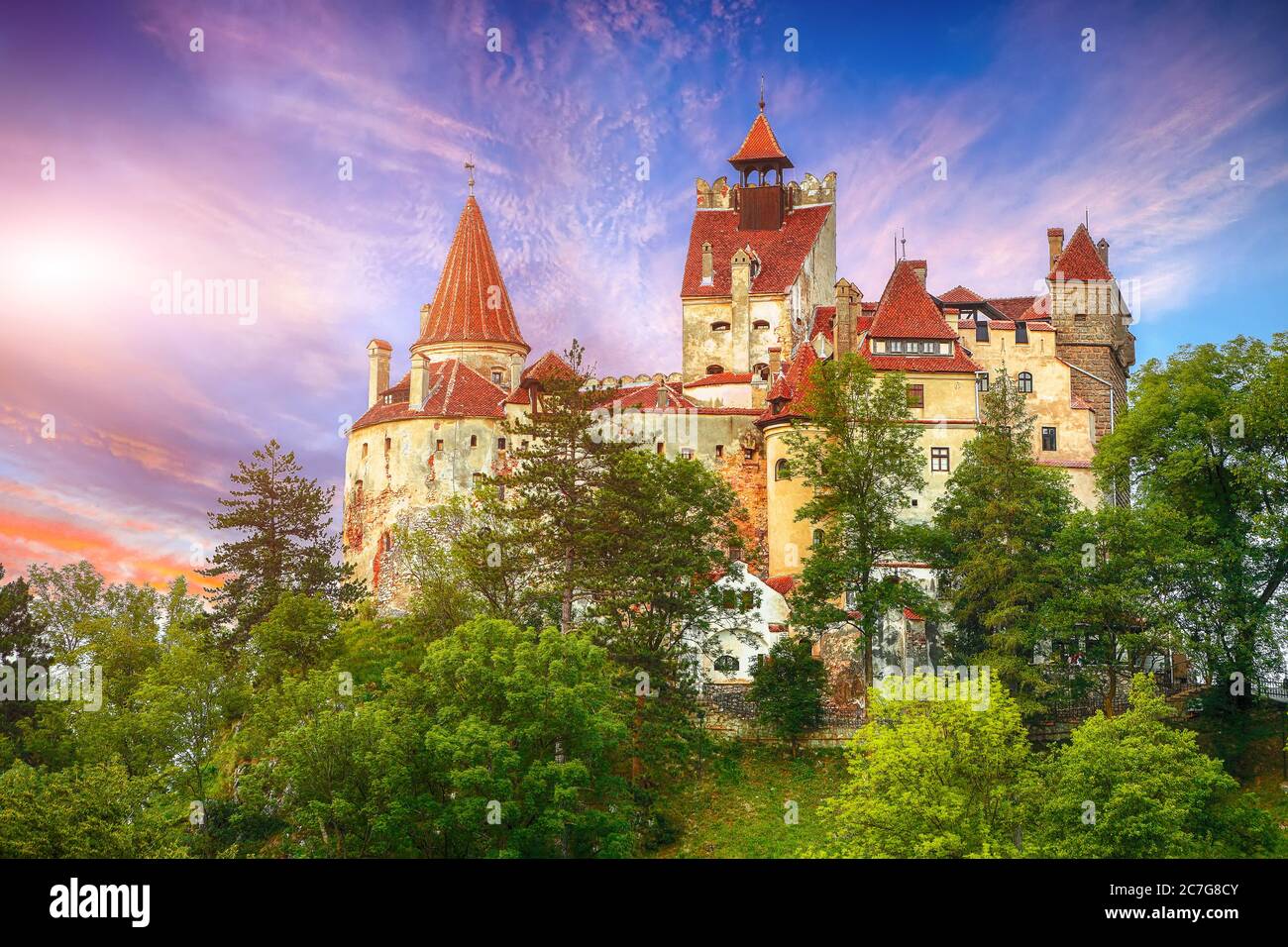 Landscape with medieval Bran castle known for the myth of Dracula at ...