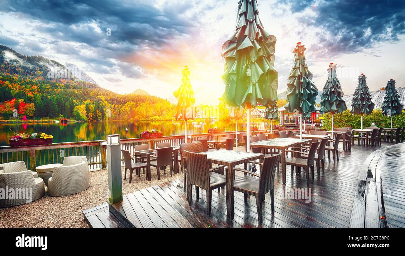 Autumn scene at small restaurant in Grundlsee lake. Location: resort ...