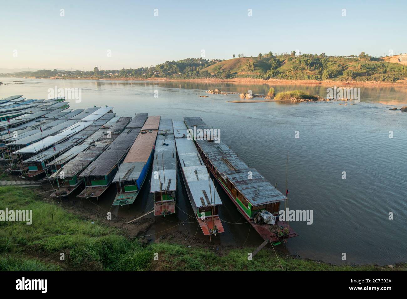 the Boat pier at the Village of Huay Xay in Lao at the Mekong River ...