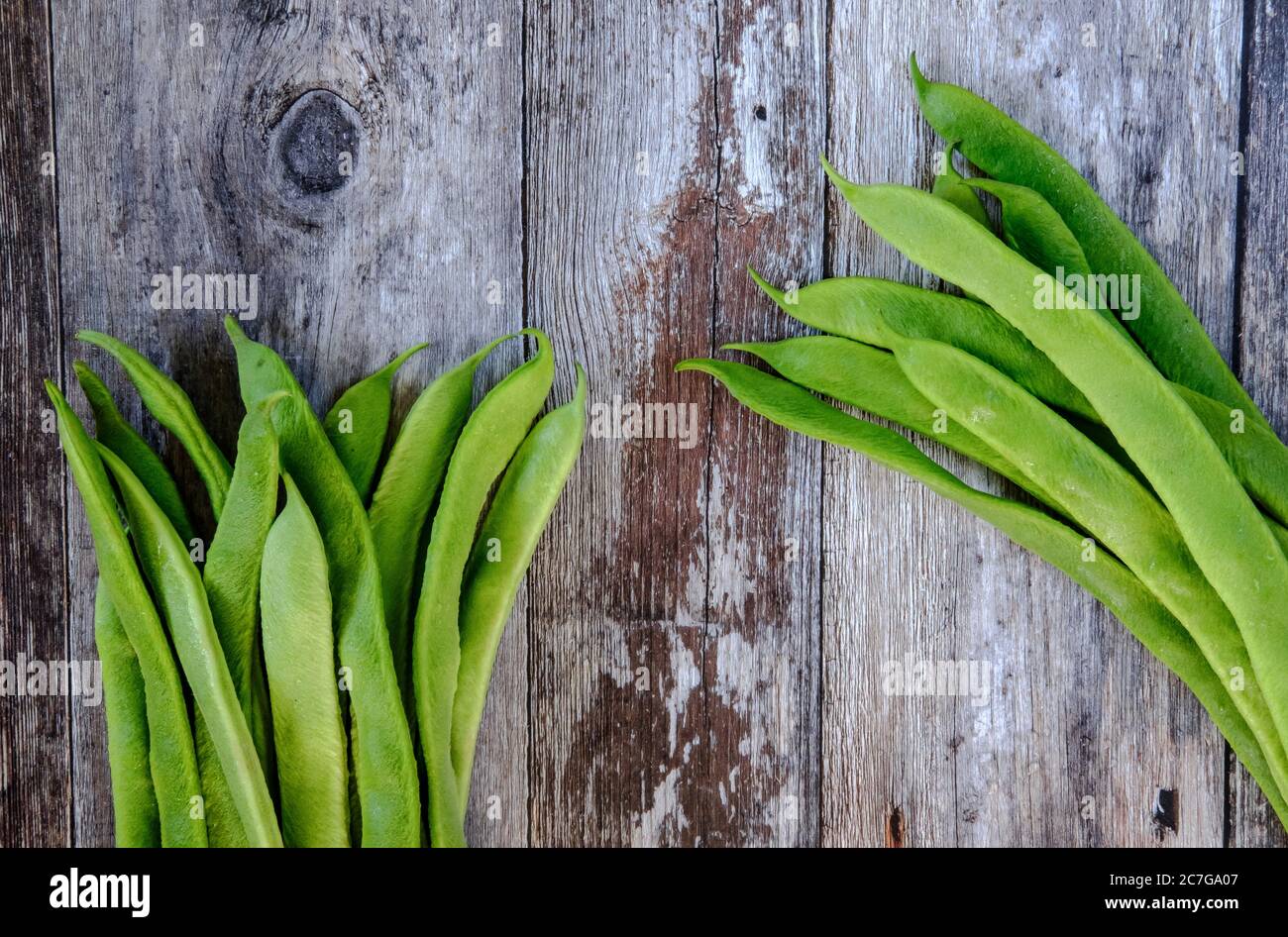 Top down view of fresh, home grown runner beans seen washed and ...