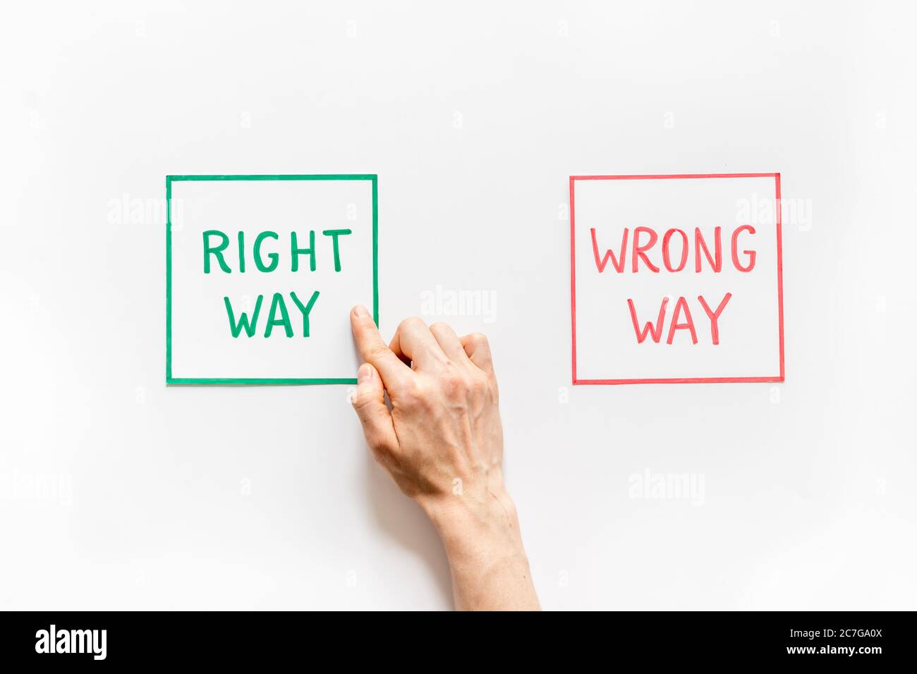 Choice concept. Right and wrong way icons, female hands shows top view ...