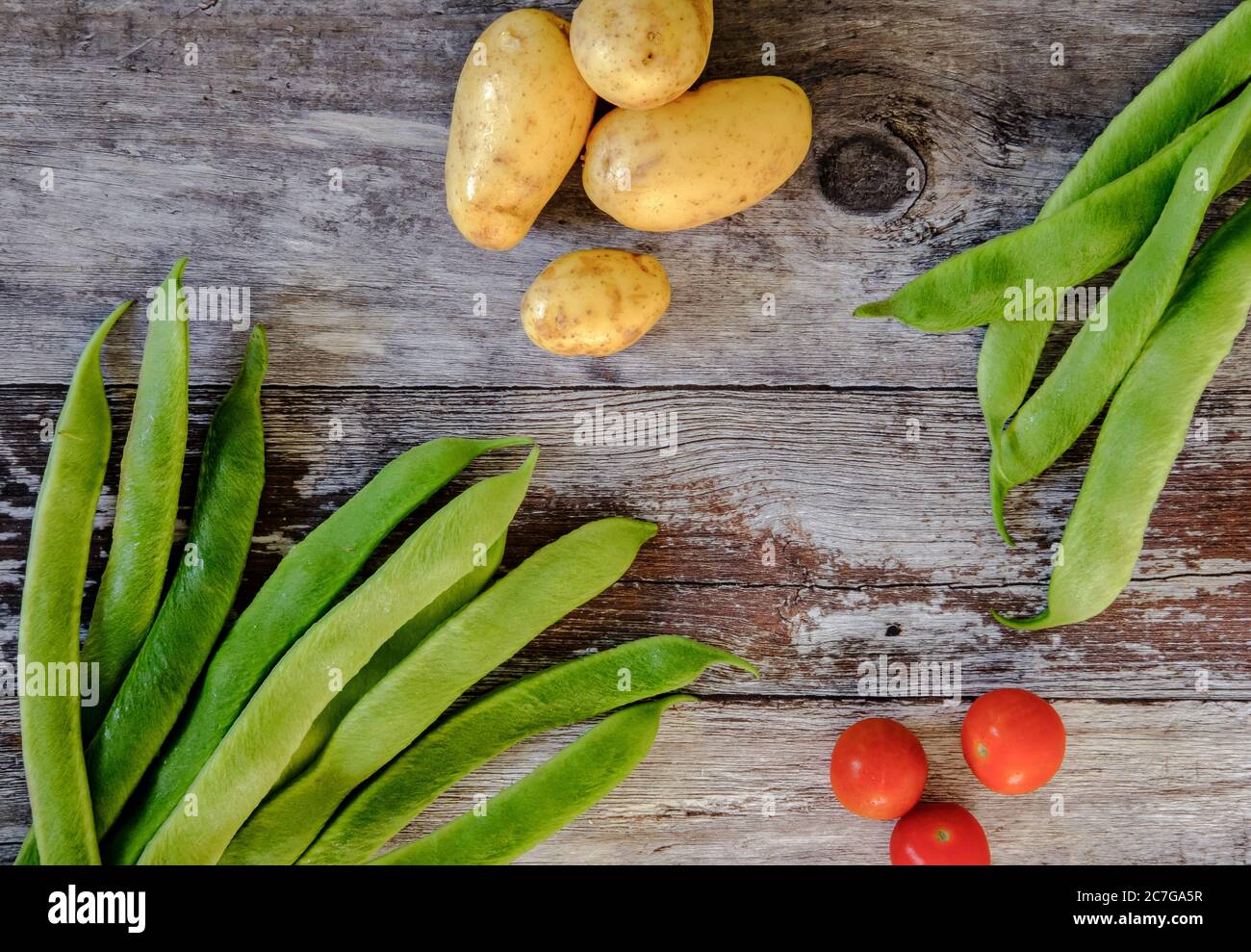 Top down view of fresh, home grown runner beans seen washed and ...
