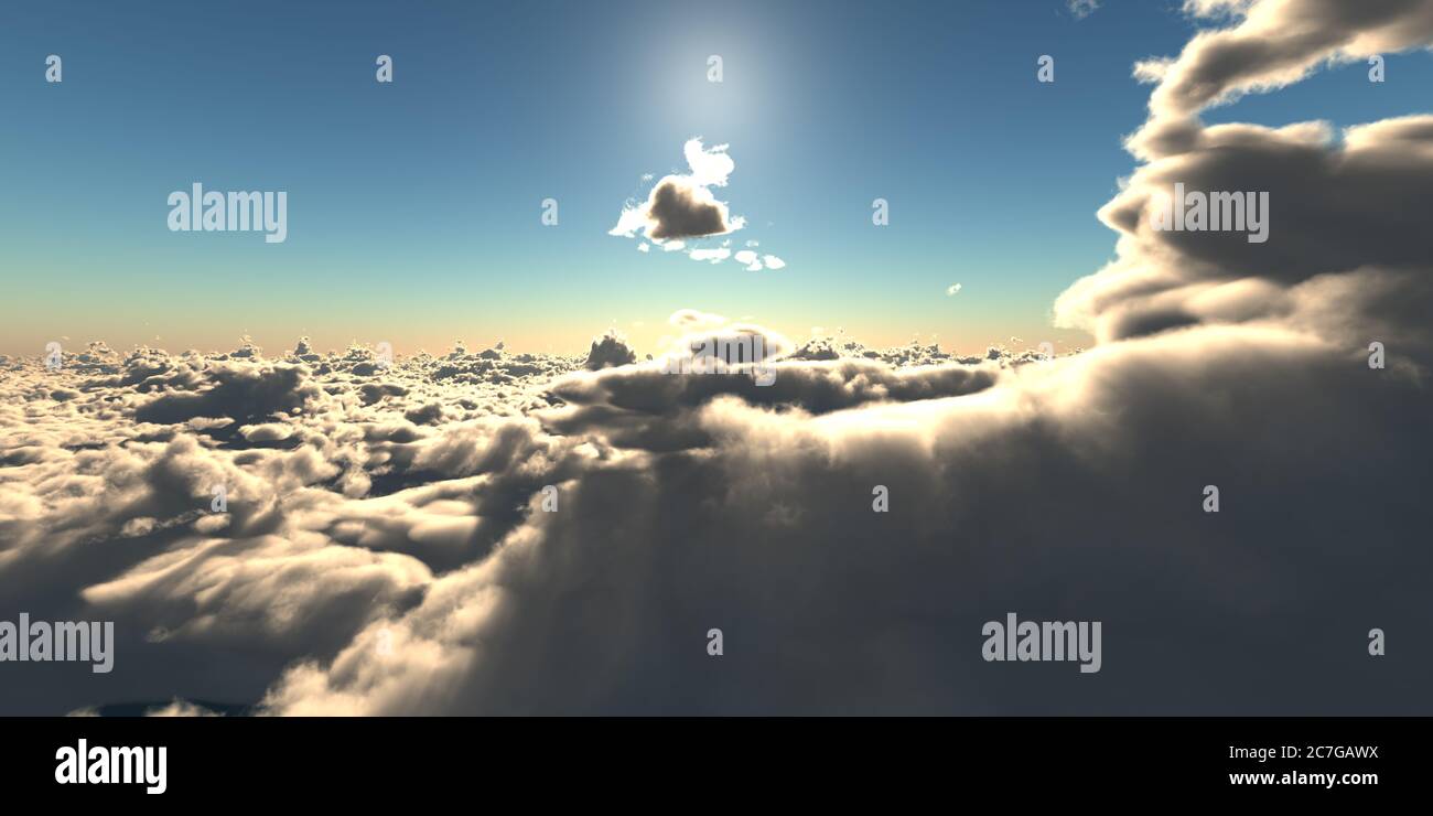 fly above clouds sunset landscape, 3d render illustration Stock Photo ...