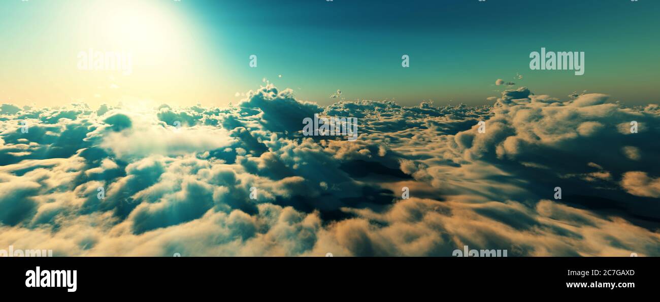above clouds fly sunset sun ray illustration, 3d render Stock Photo - Alamy