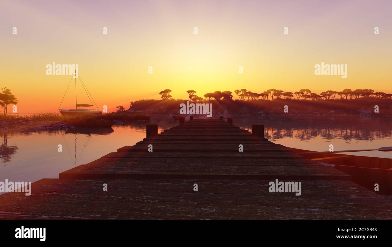 Beautiful sunset over the tropical lagoon, illustration 3d rendering ...