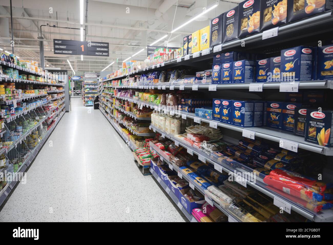 Shelves with goods in the hypermarket Prisma, Helsinki, Finland Stock ...