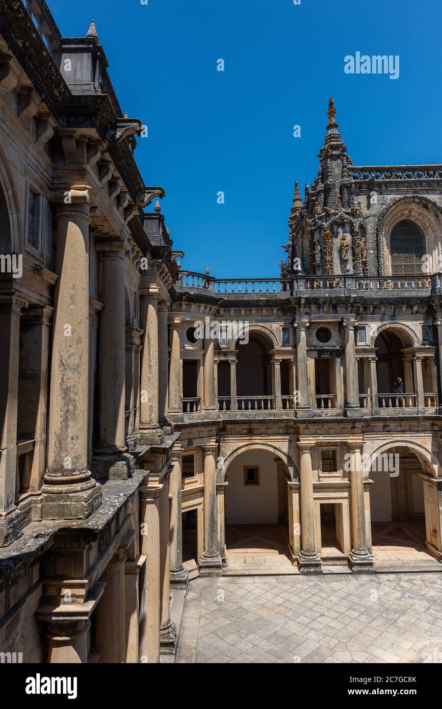 Convent of Christ under a blue sky and sunlight in Tomar in Portugal ...