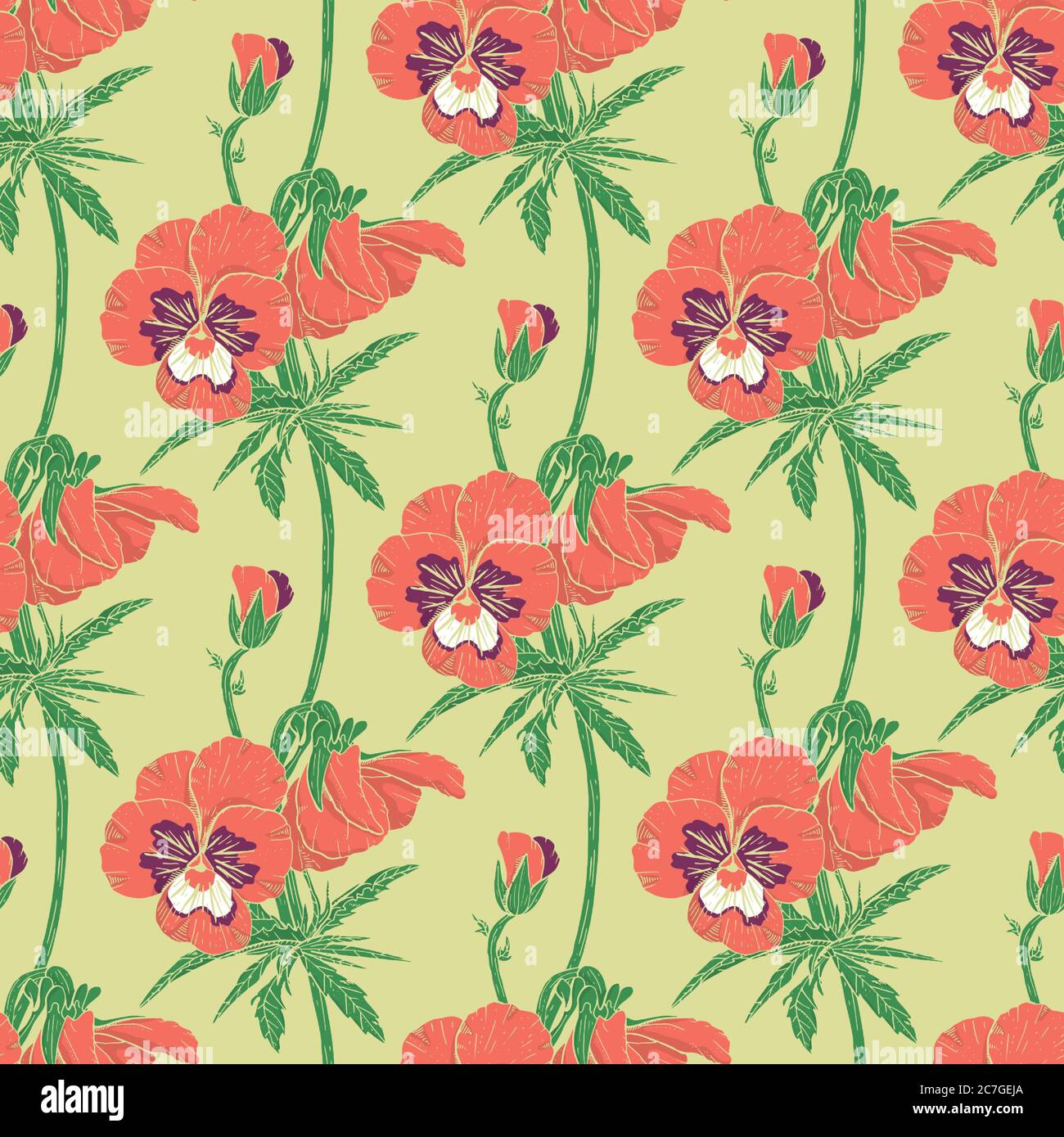 Pink floral seamless pattern with hand drawn pansy flowers on green ...