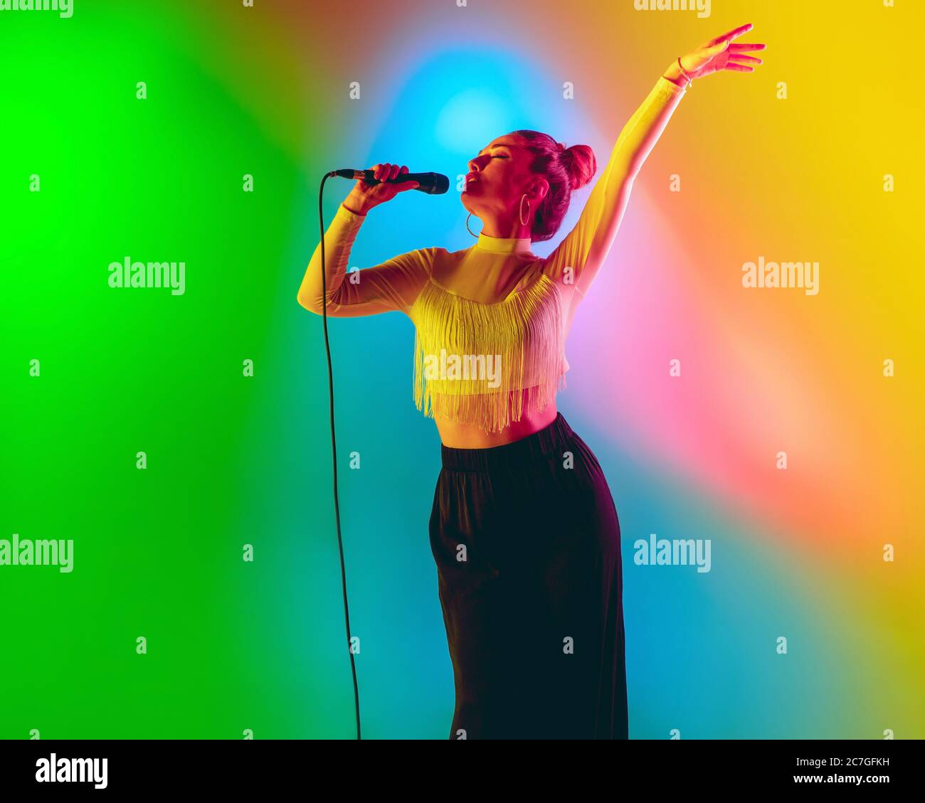 Bright mood. Young female caucasian inspired and expressive musician ...