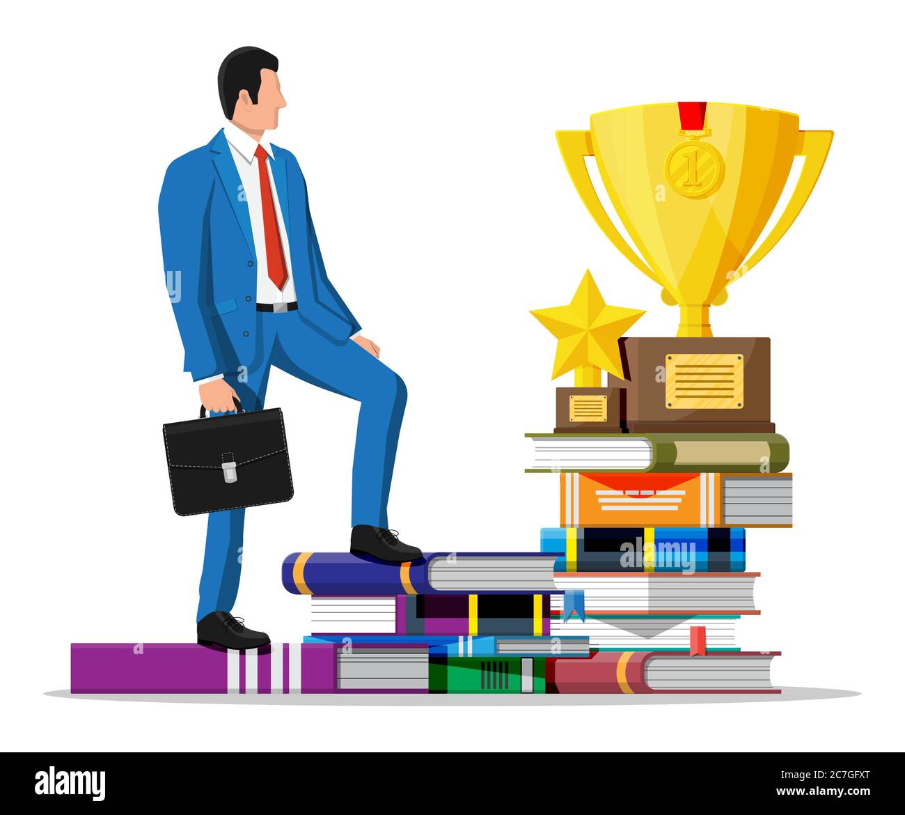 Businessman with trophy on stack of books. Business man with medal ...