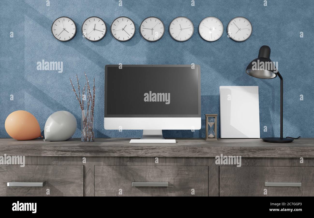 Workspace at home with a desktop computer 3d rendering mockup.Modern ...