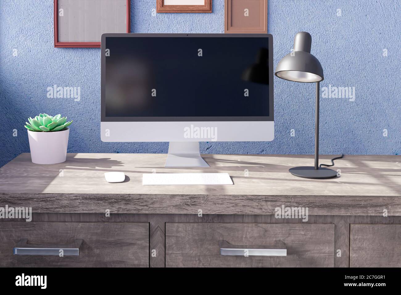 Desktop computer on the table of the office mockup 3d rendering. 3d ...