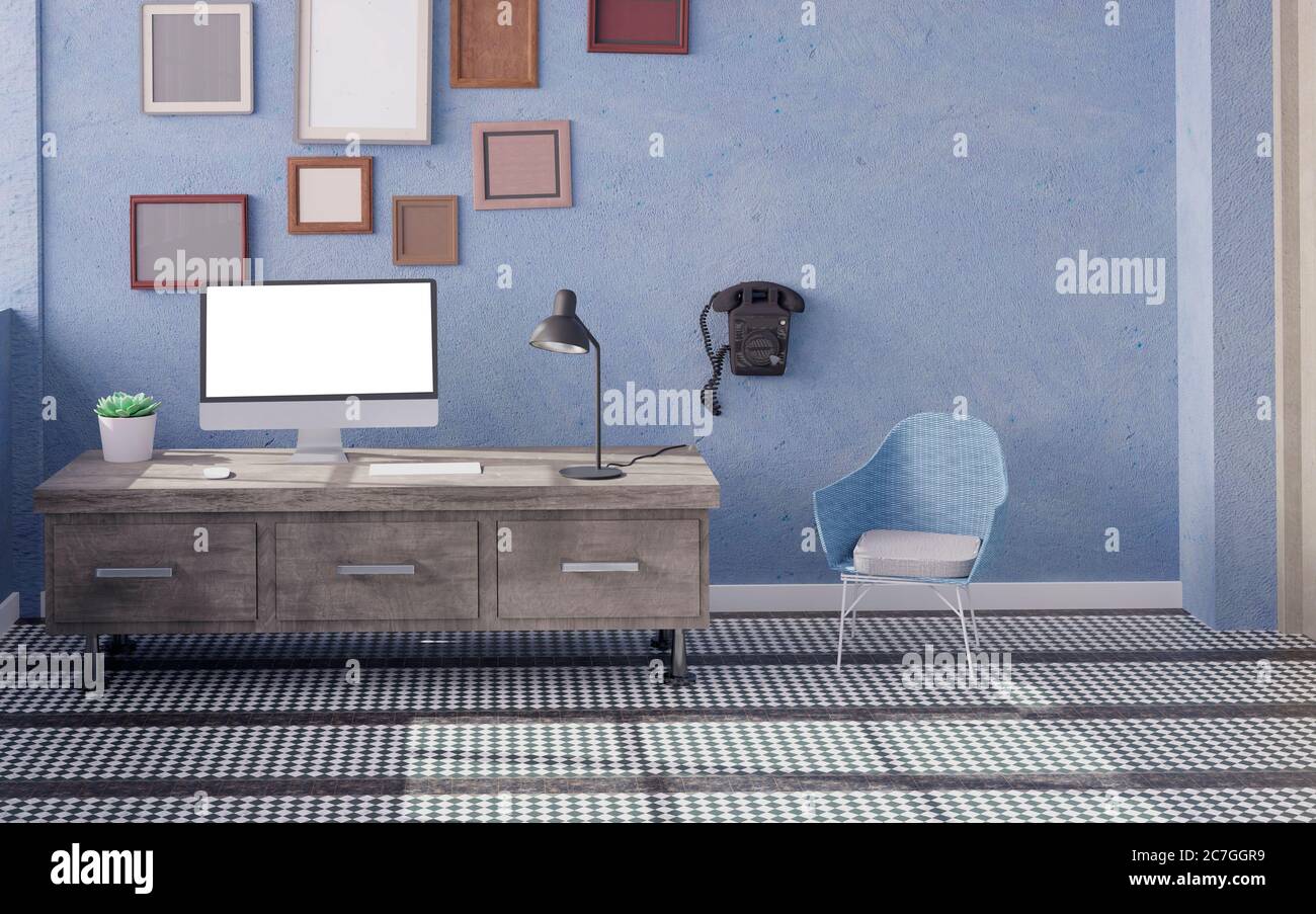 Desktop computer on the table of the office mockup 3d rendering. 3d ...