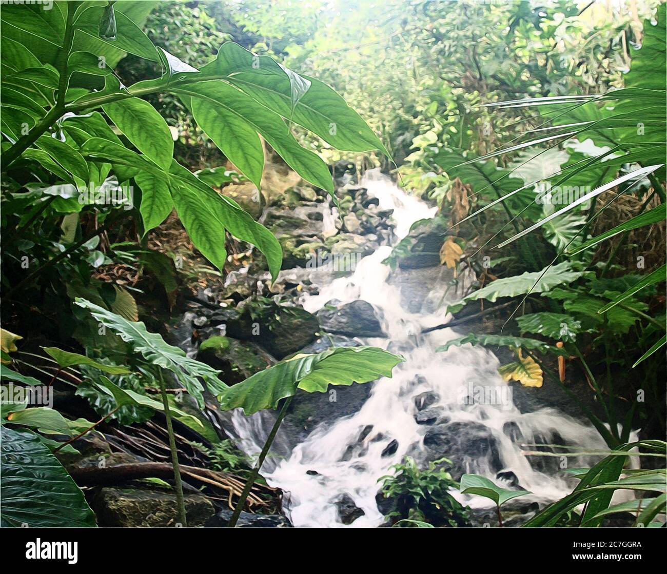 Photo illustration of tropical plants and waterfall recreated inside of ...