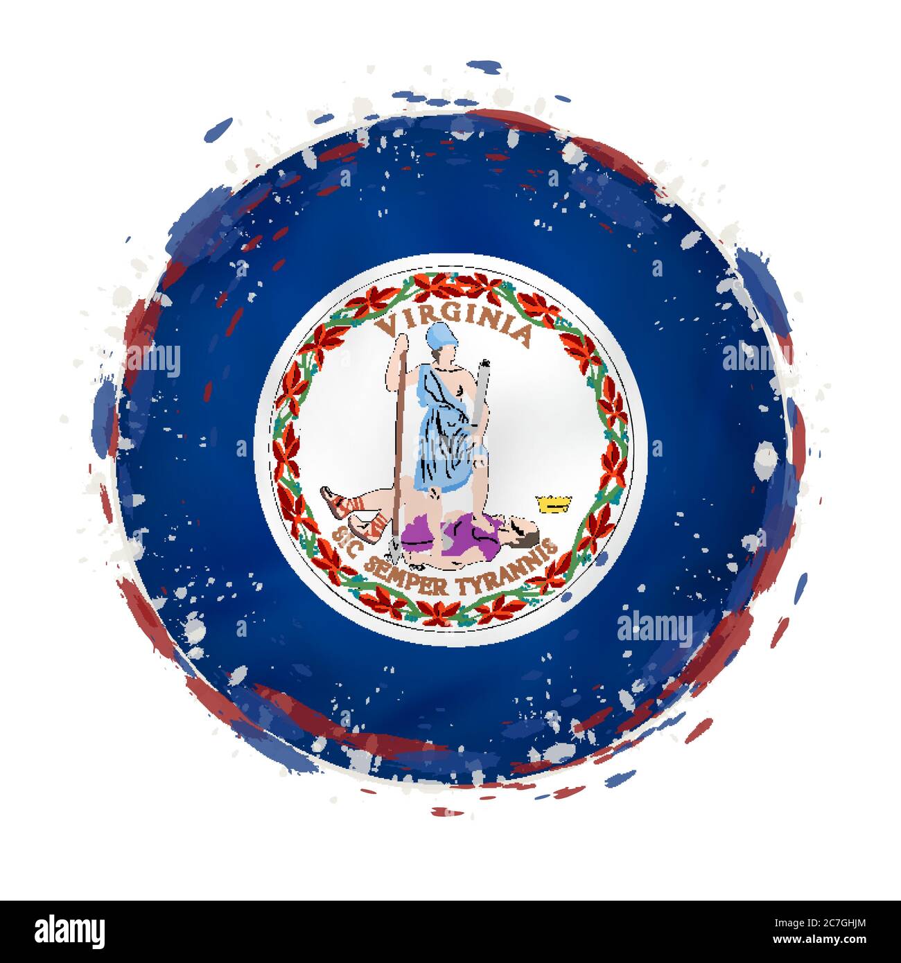 Round grunge flag of Virginia US state with splashes in flag color ...
