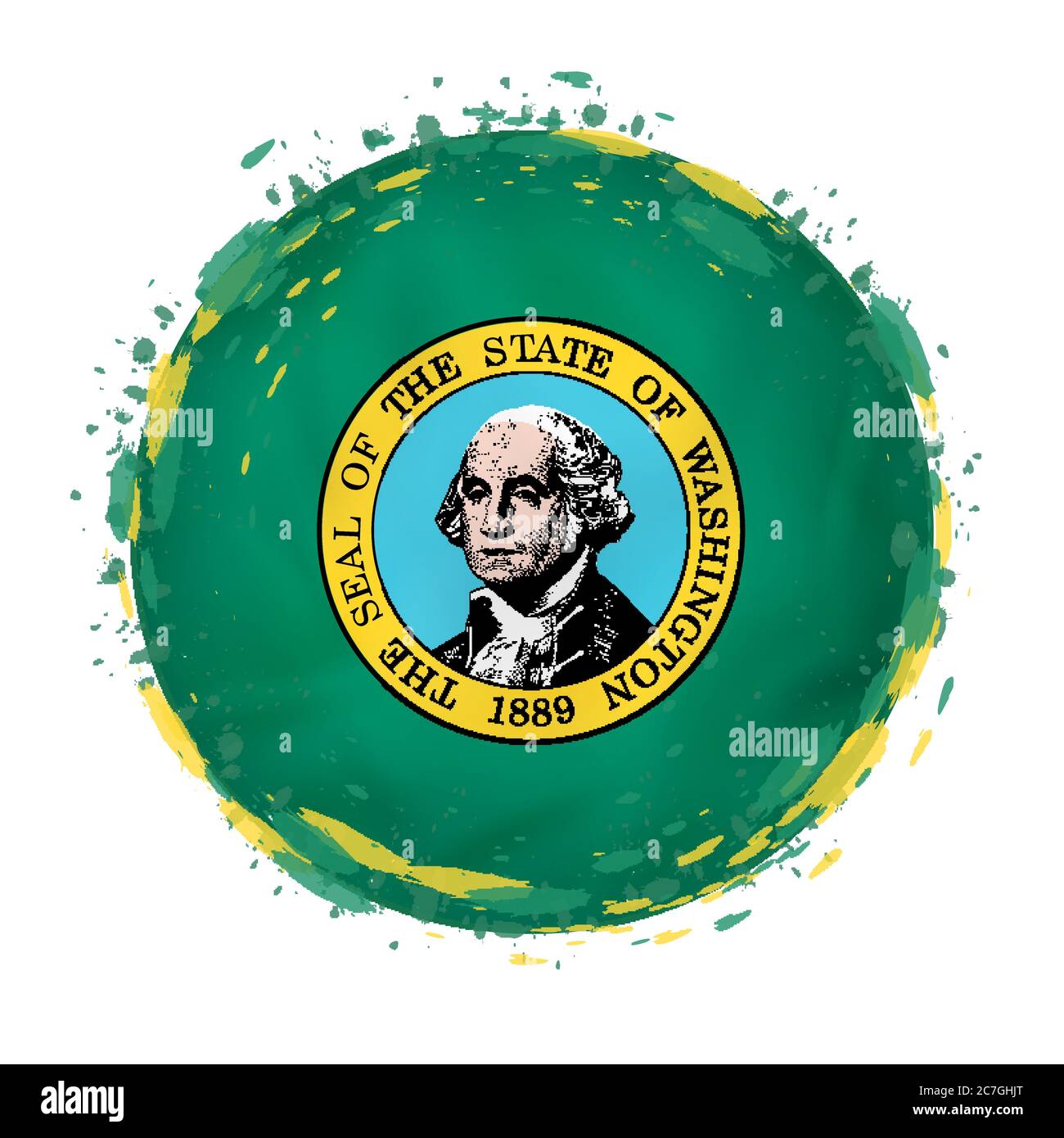 Round grunge flag of Washington US state with splashes in flag color ...