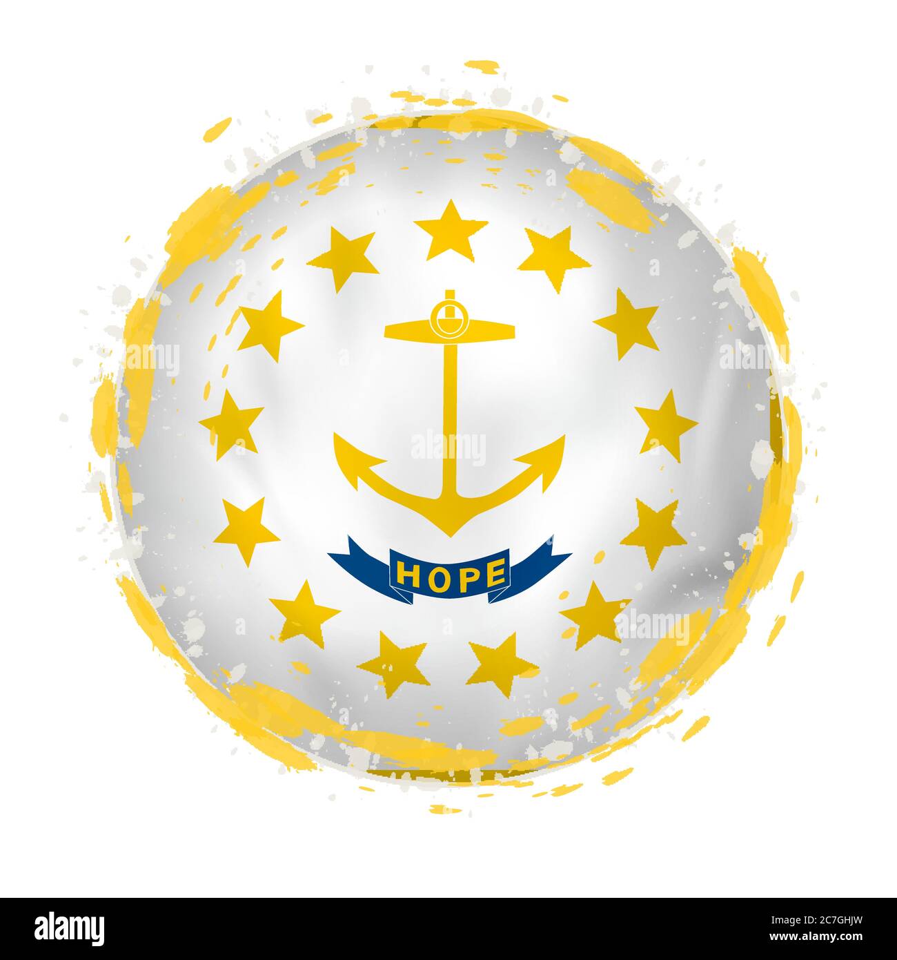 Round grunge flag of Rhode Island US state with splashes in flag color ...