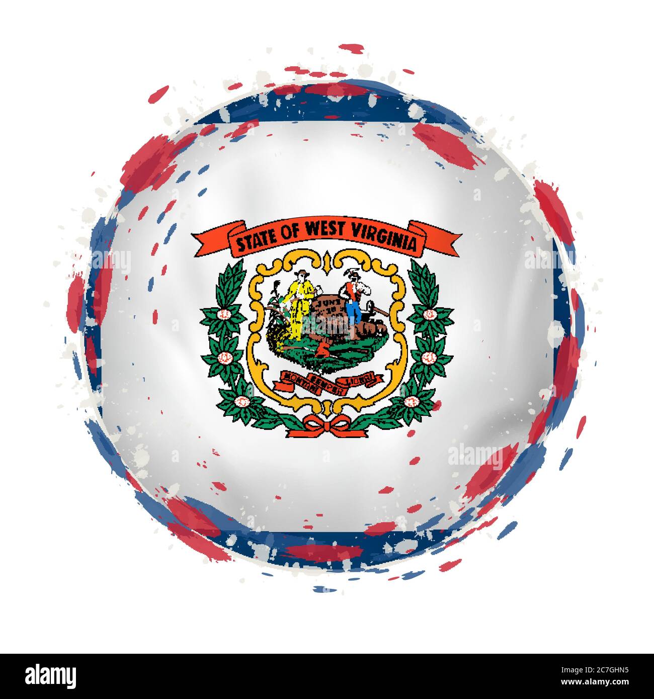 Round grunge flag of West Virginia US state with splashes in flag color ...