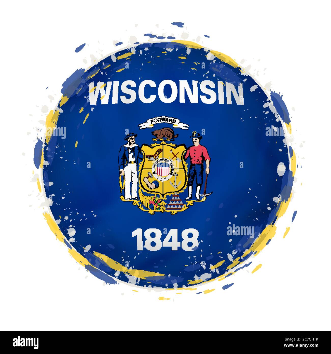 Round grunge flag of Wisconsin US state with splashes in flag color ...