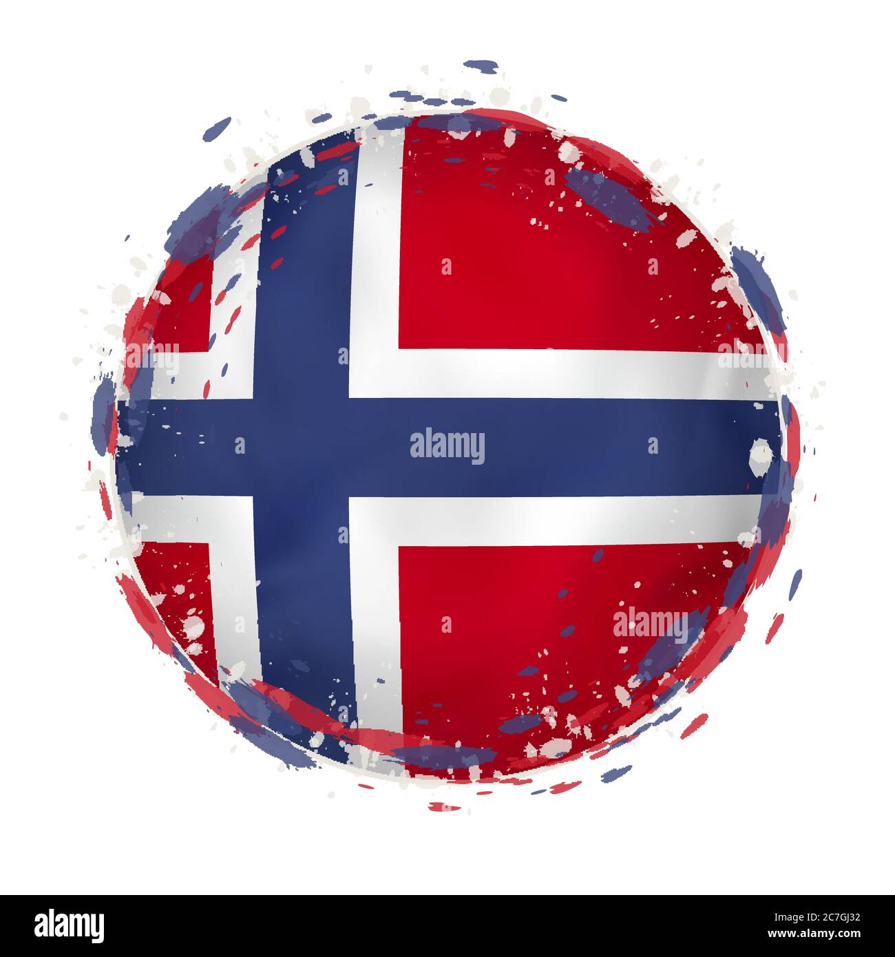 Round grunge flag of Norway with splashes in flag color. Vector ...