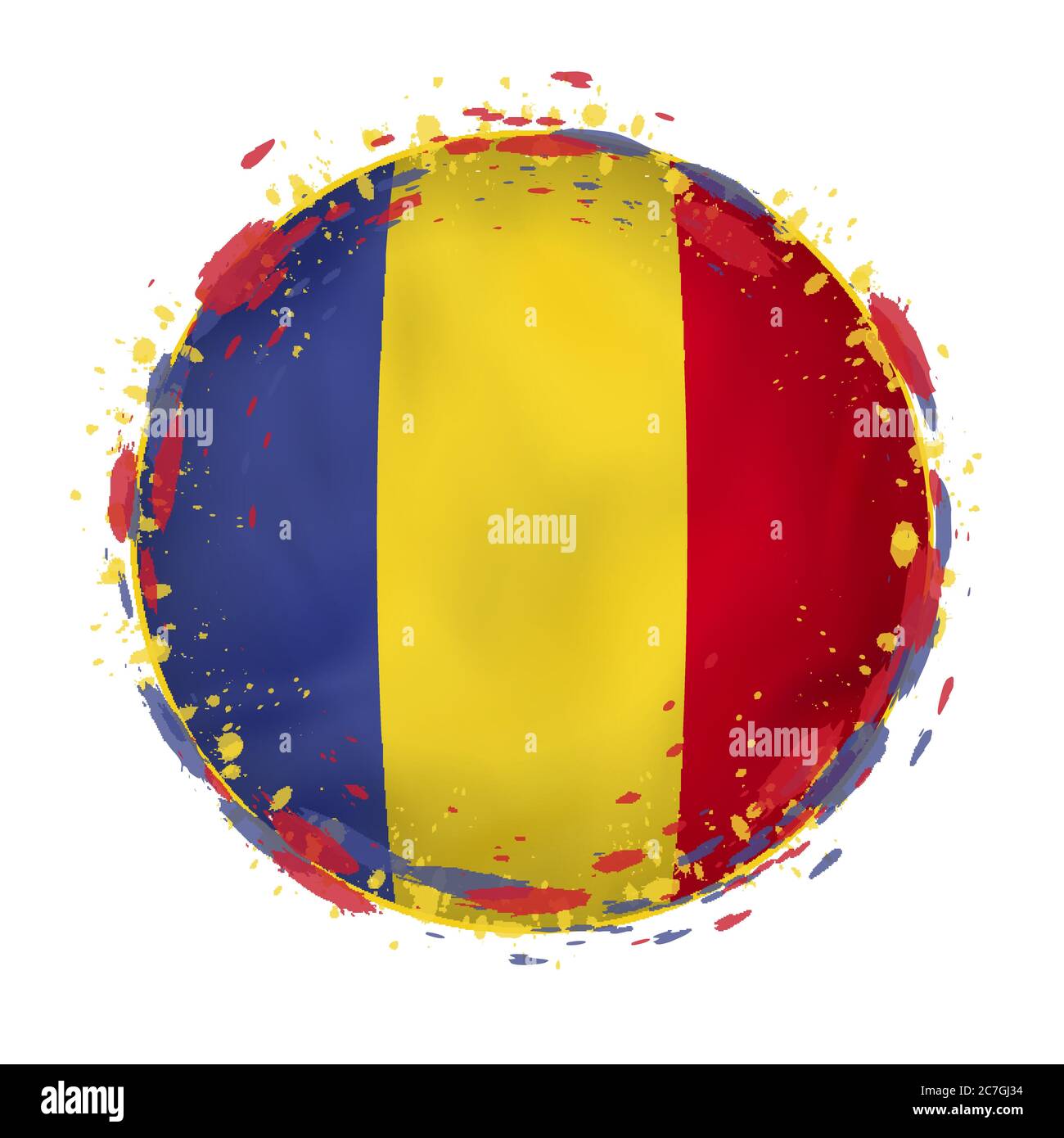 Round grunge flag of Romania with splashes in flag color. Vector ...
