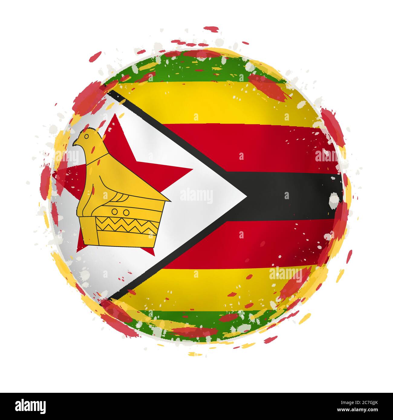 Round Grunge Flag Of Zimbabwe With Splashes In Flag Color Vector