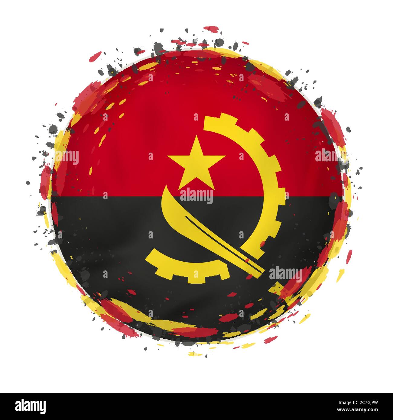 Round grunge flag of Angola with splashes in flag color. Vector ...