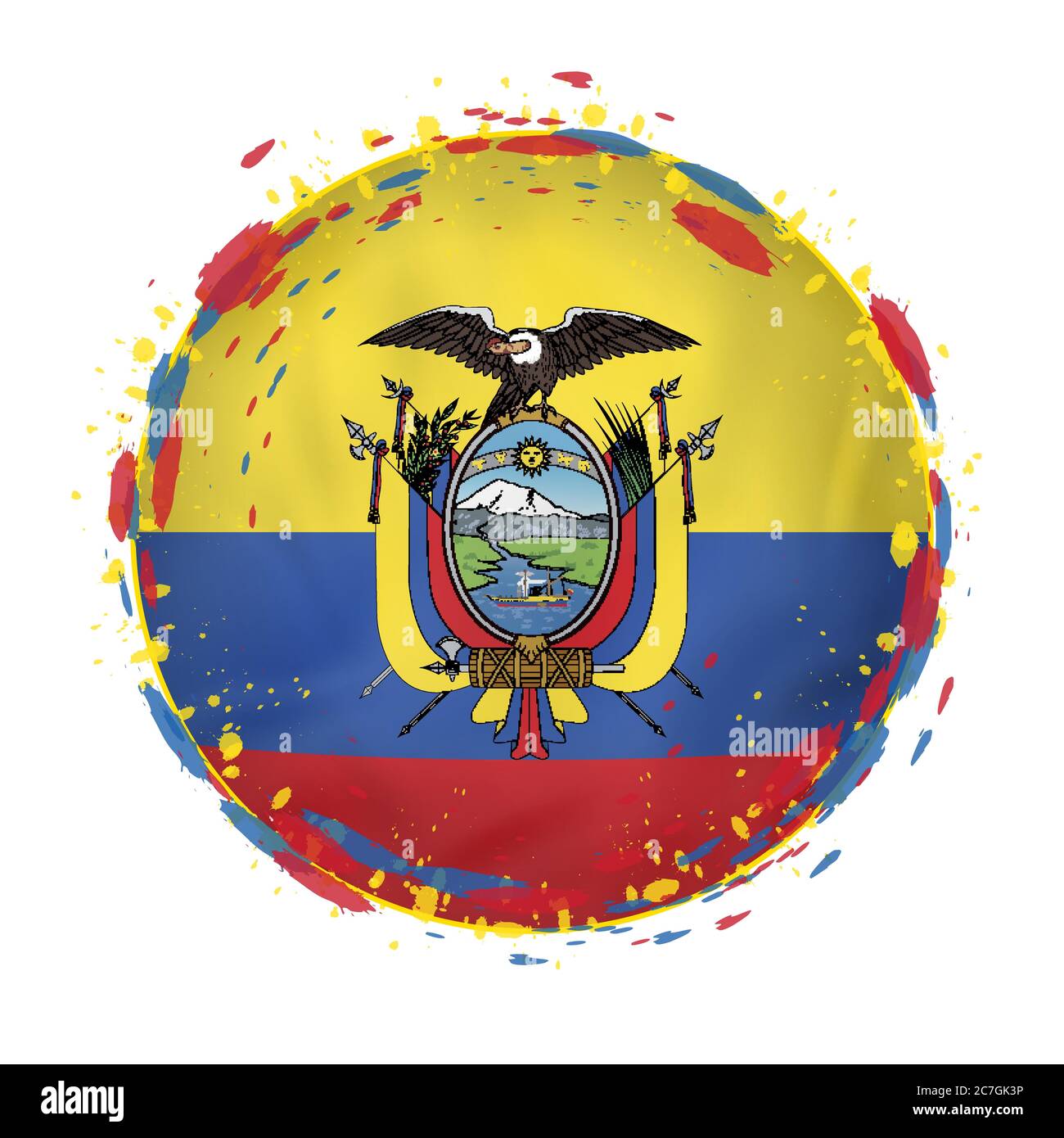 Round grunge flag of Ecuador with splashes in flag color. Vector ...