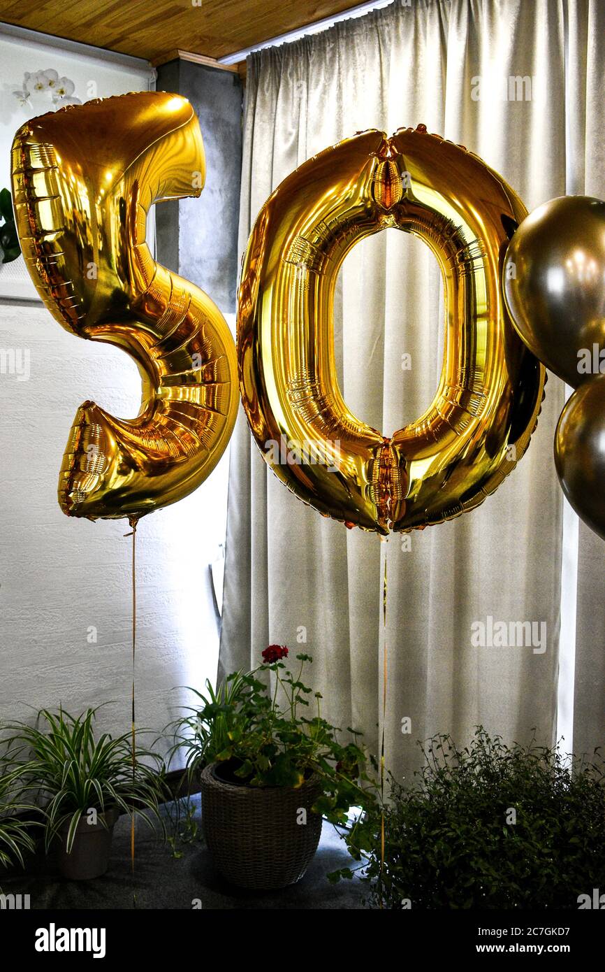 Gold inflatable balls in the form of a figure 50, Birthday anniversary ...