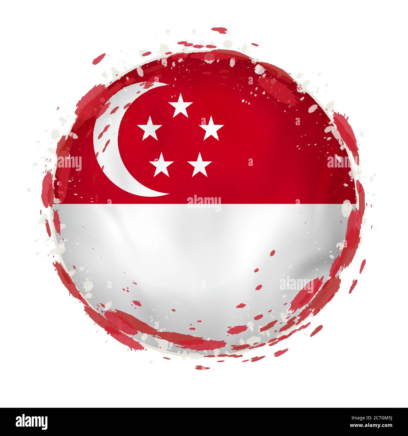 Round grunge flag of Singapore with splashes in flag color. Vector ...