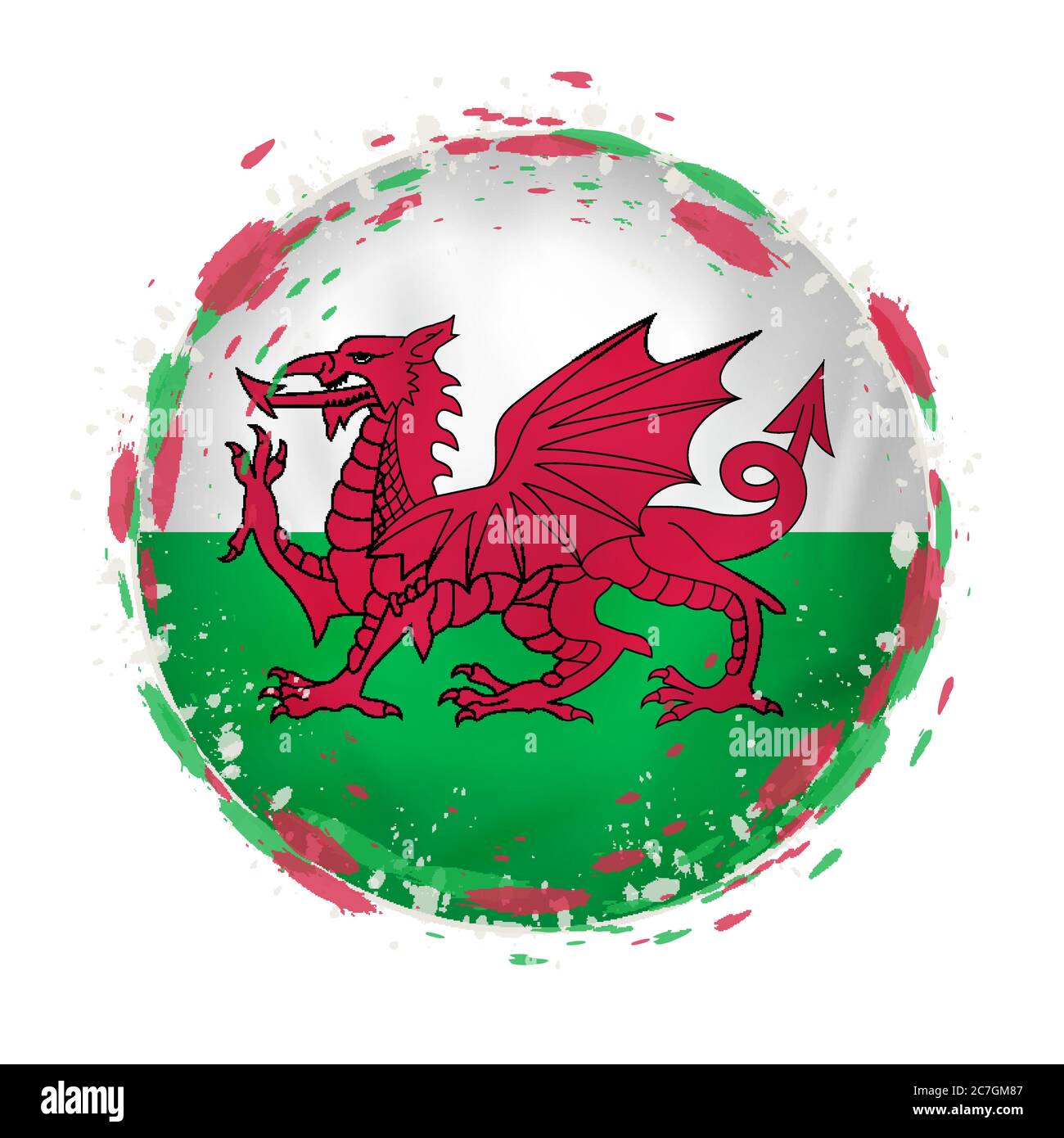 Round grunge flag of Wales with splashes in flag color. Vector ...