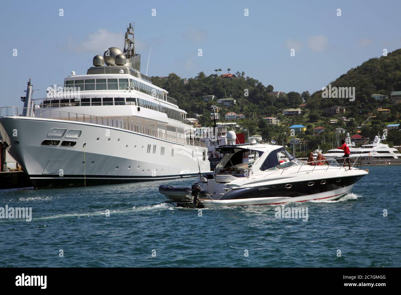 Grenada St George's Carenage Harbour Mega Yacht and Speedboat Stock ...