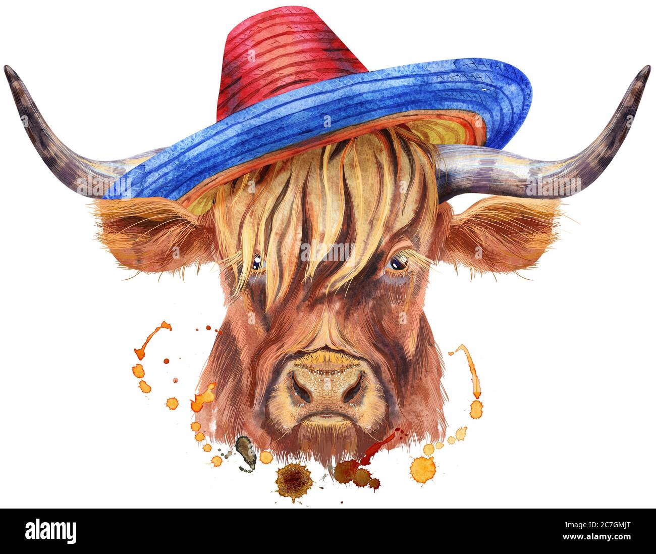 Bull bull in a sombrero hat watercolor graphics. Bull animal ...