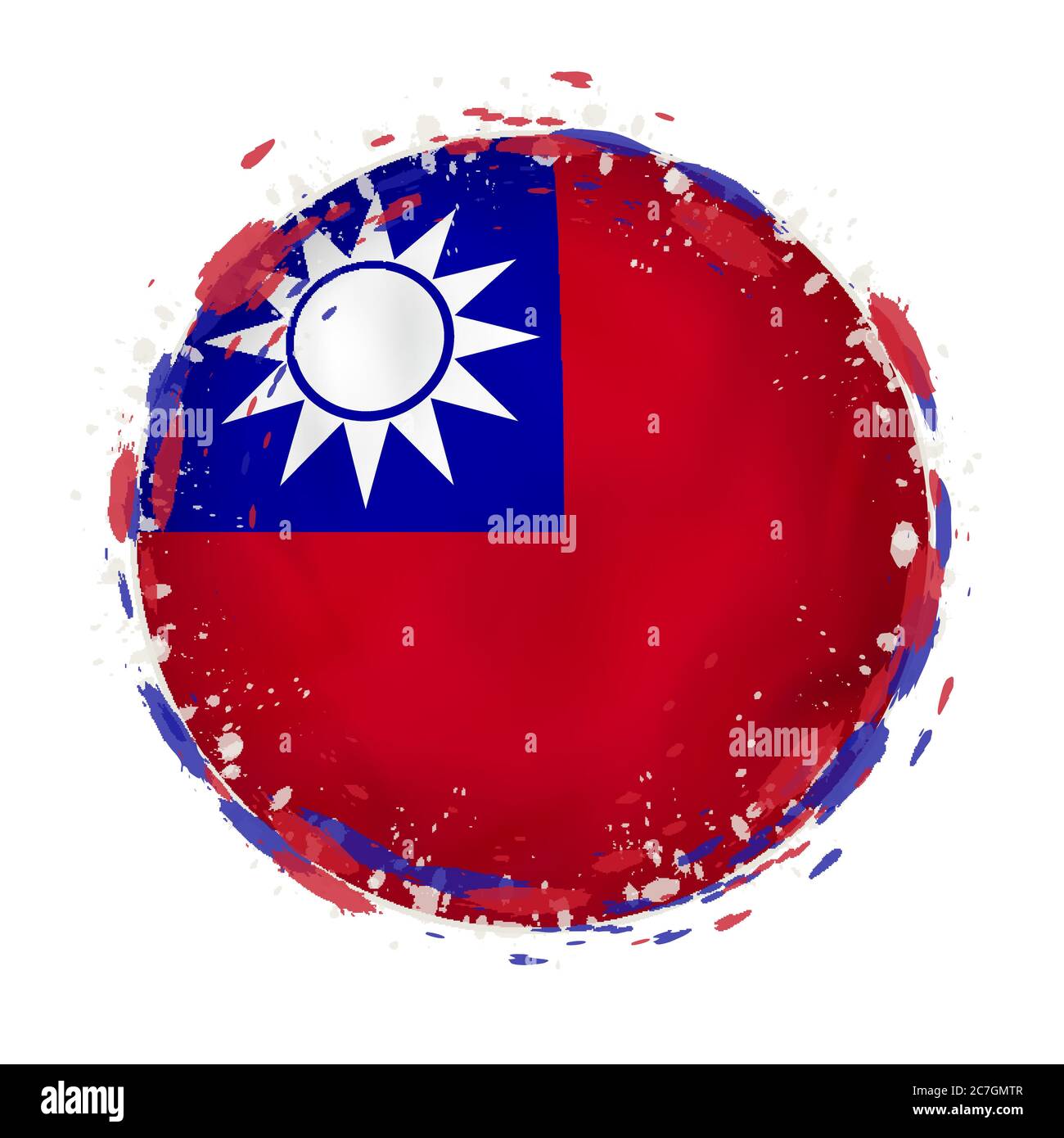 Round grunge flag of Taiwan with splashes in flag color. Vector ...