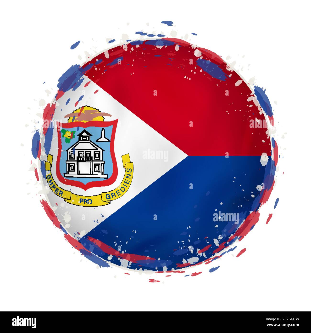 Round grunge flag of Sint Maarten with splashes in flag color. Vector ...