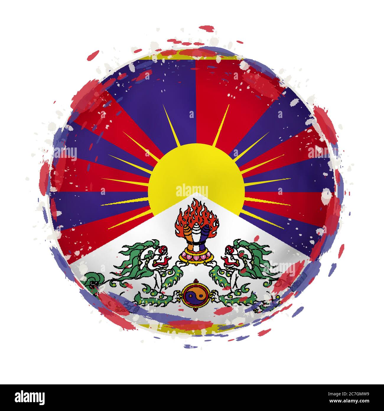 Round grunge flag of Tibet with splashes in flag color. Vector ...