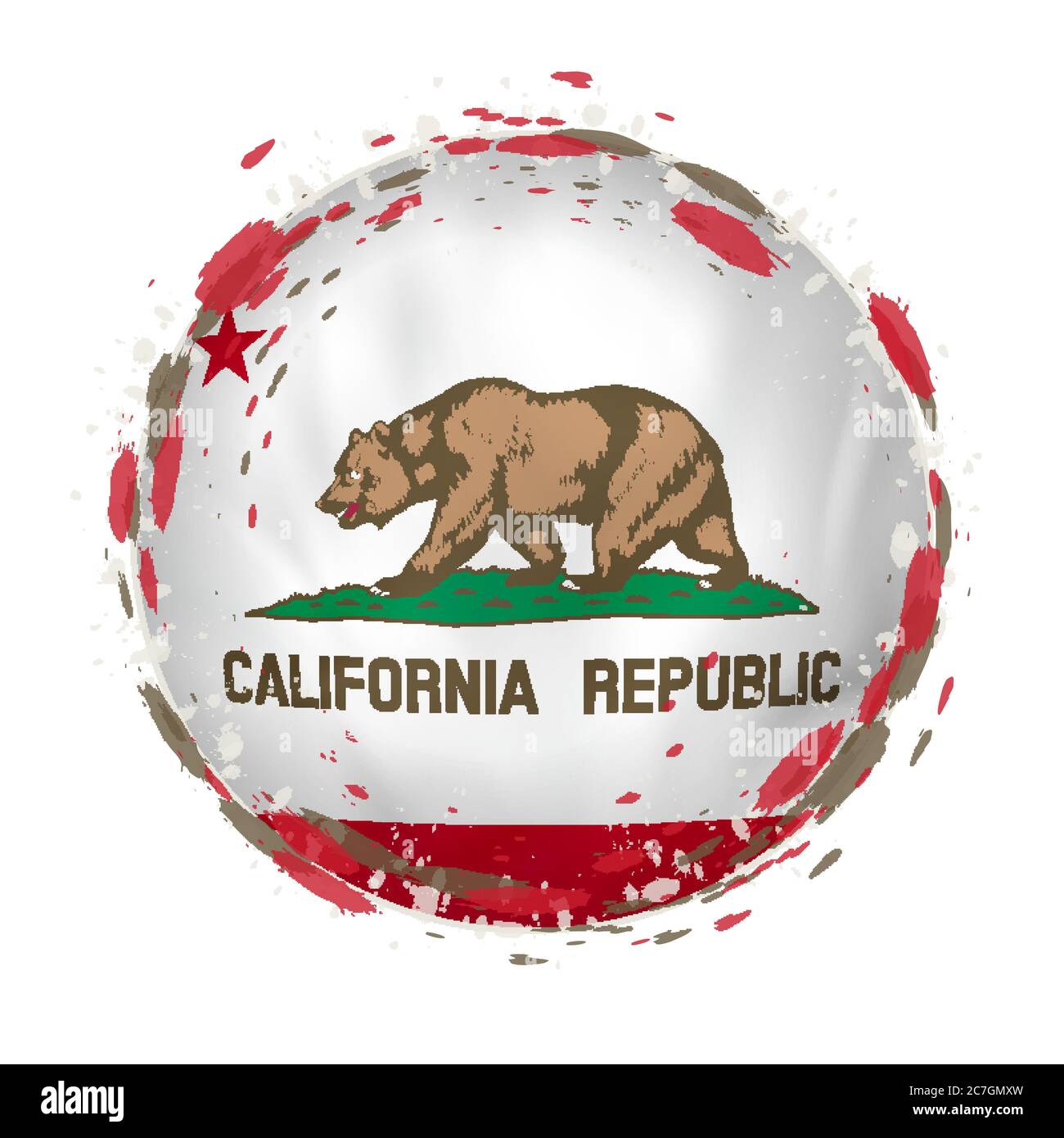 Round grunge flag of California US state with splashes in flag color ...
