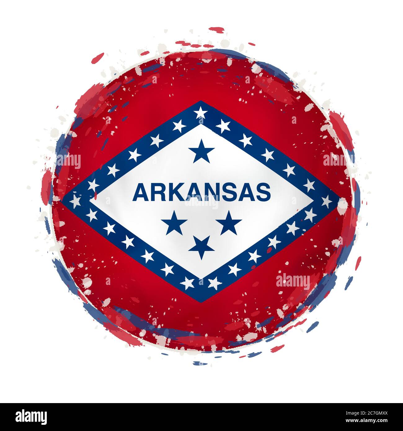 Round grunge flag of Arkansas US state with splashes in flag color ...