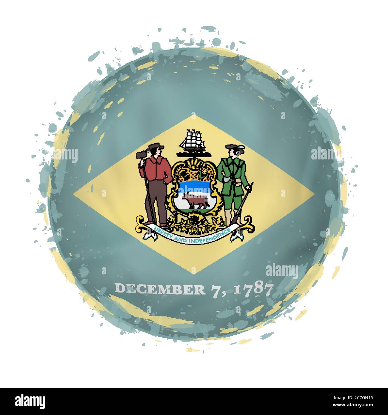 Round grunge flag of Delaware US state with splashes in flag color ...